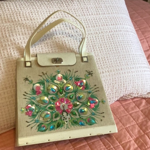 Bags | Beautiful Vintage Beadedsequined Satchel With Wood Base Canvas ...